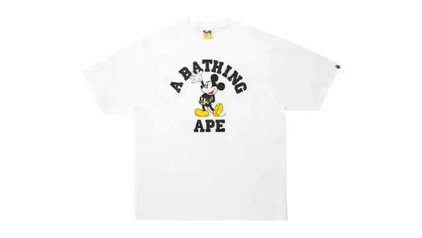 A BATHING APE X Disney Mickey Mouse College Relaxed Fit Tee Shirt - White