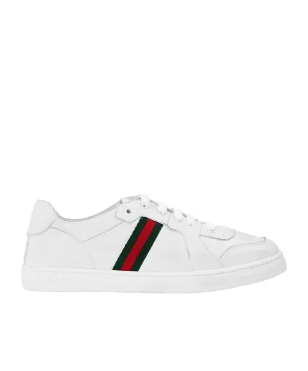 Gucci Low Top Lace Up Leather Sneakers With Web Stripe Detail - No