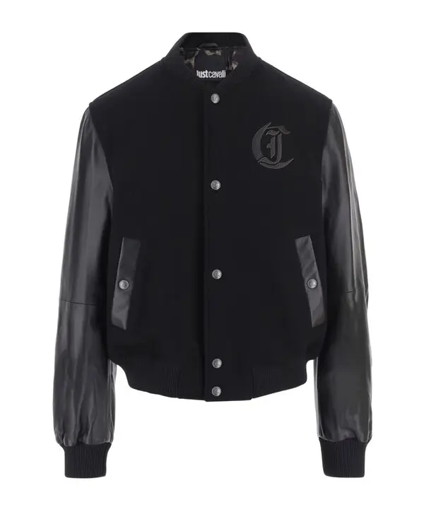 Just Cavalli Ribbed-detail Varsity Jacket - Black