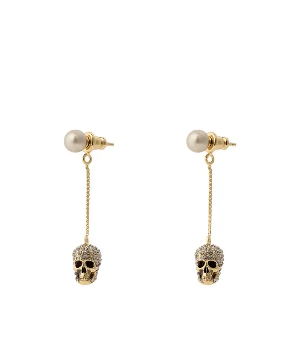 Alexander McQueen Pearl And Embellished Skull Drop Earrings - Yellow