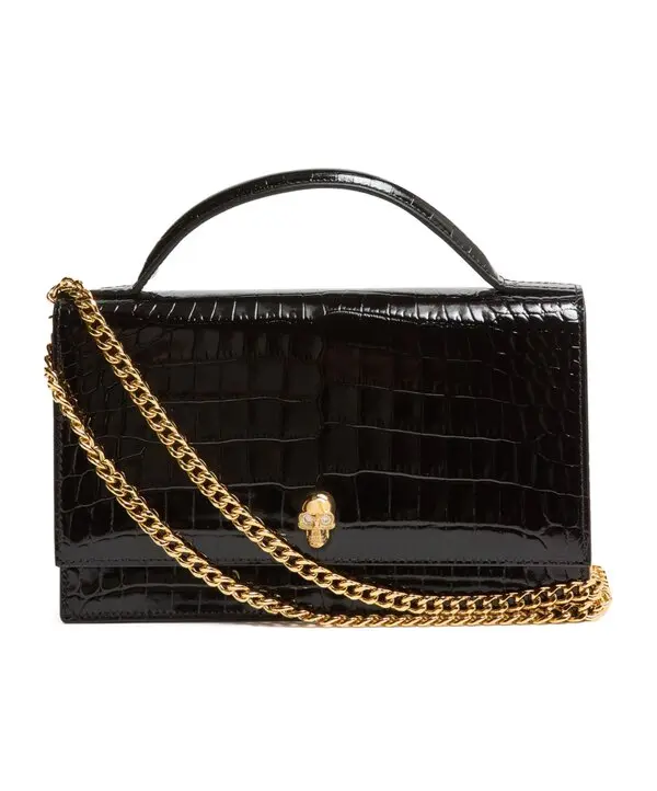 Alexander McQueen Croc-embossed Shoulder Bag With Chain Strap - Black