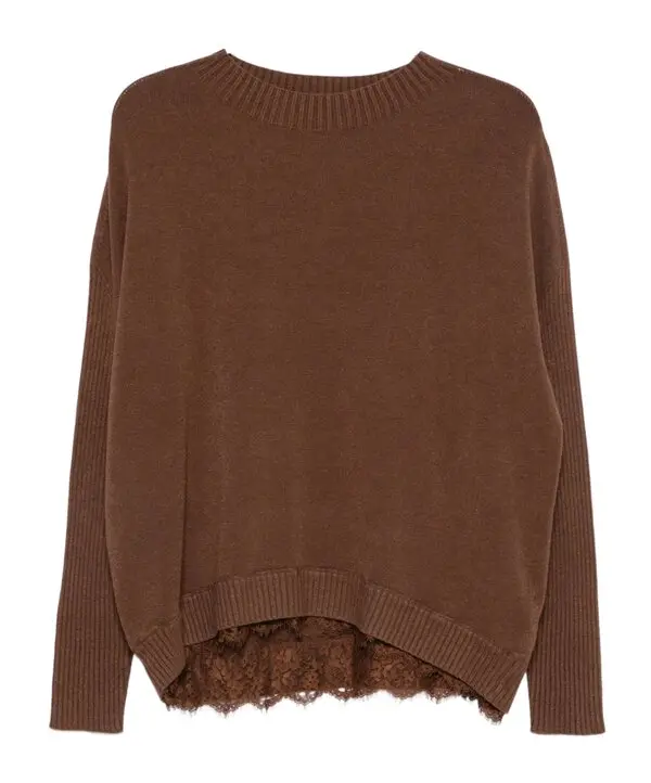 ERMANNO FIRENZE Ribbed-sleeve Sweater With Lace Trim - Brown