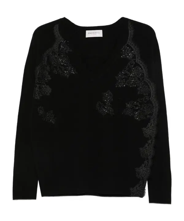 ERMANNO FIRENZE Lace-panel V-neck Sweater - Black