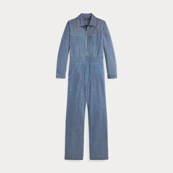 Ralph Lauren Indigo Striped Cotton-linen Jumpsuit - Medium Indigo/natural