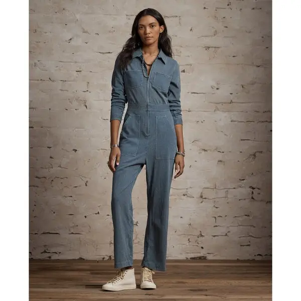 Ralph Lauren Indigo Striped Cotton-linen Jumpsuit