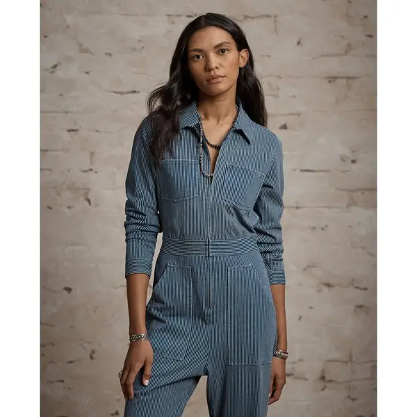 Ralph Lauren Indigo Striped Cotton-linen Jumpsuit