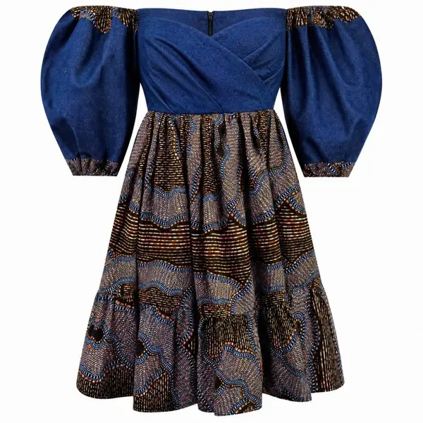 OHEMA OHENE Michaela Ladies Denim African Print Off-shoulder Dress - Blue