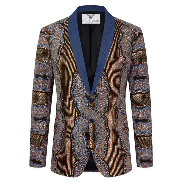 OHEMA OHENE Denim Shawl Collar African Print Blazer - Blue