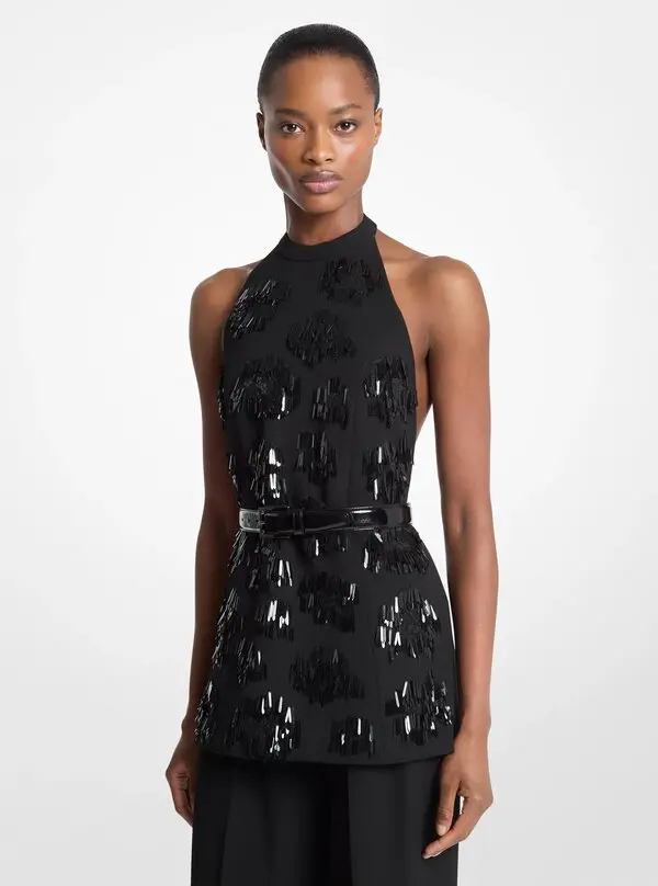 Michael Kors Hand-embroidered Paillette Wool Gabardine Halter Top In Size By - Black