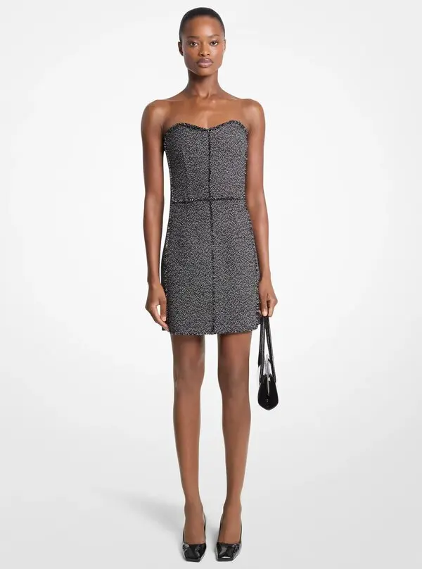 Michael Kors Frayed Crosshatch Tweed Sweetheart Mini Dress In Size By - Black