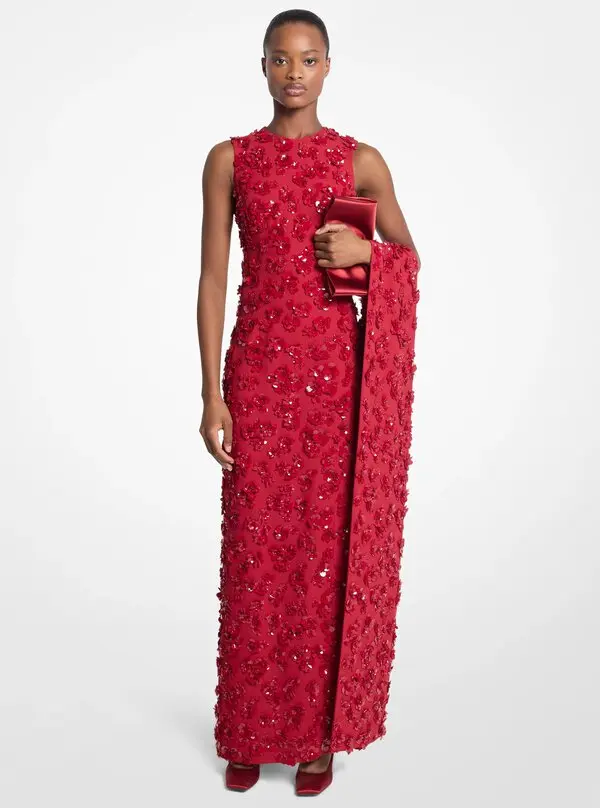 Michael Kors Hand-embroidered Floral Double Crepe Sablé Gown - Red