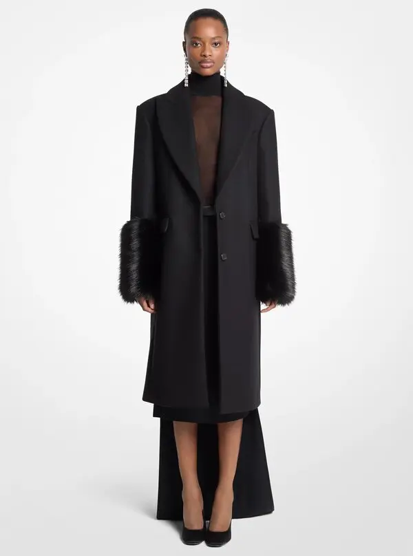 Michael Kors Wool Melton And Faux Fur Chesterfield Coat In Size By - Black