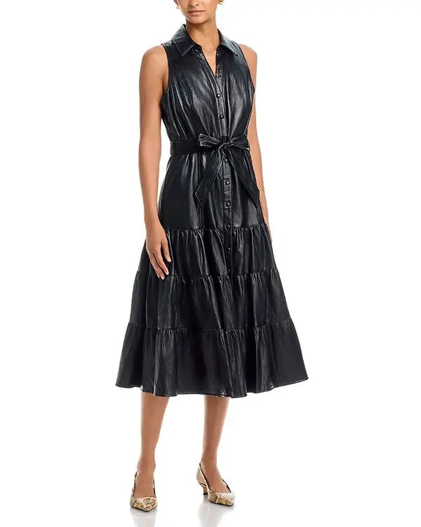 T Tahari Faux Leather Collared Midi Dress - Black