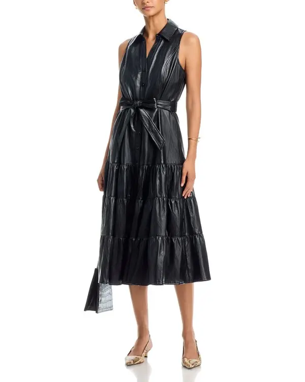 T Tahari Faux Leather Collared Midi Dress