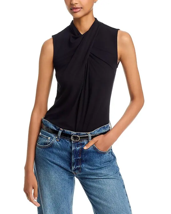 T Tahari Sleeveless Asymmetrical Draped Neck Top - Black
