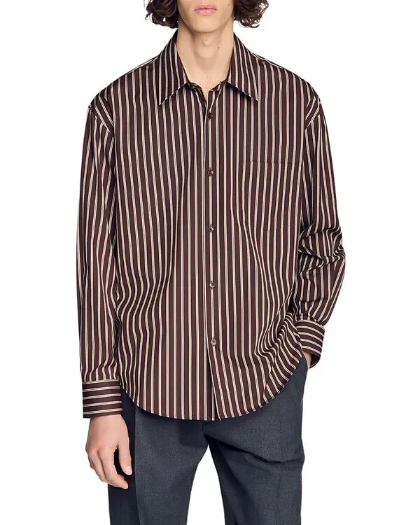 Sandro Flared Fit Stripe Cotton Shirt - Chocolat