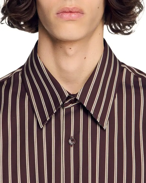 Sandro Flared Fit Stripe Cotton Shirt - Chocolat