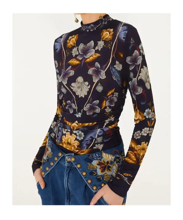 Farm Rio Long Sleeve Printed Mock Neck Top - Navy Blue