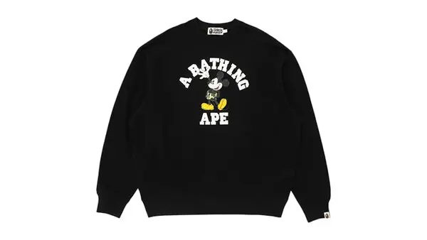 A BATHING APE X Disney Mickey Mouse College Relaxed Fit Crewneck Sweatshirt - Black