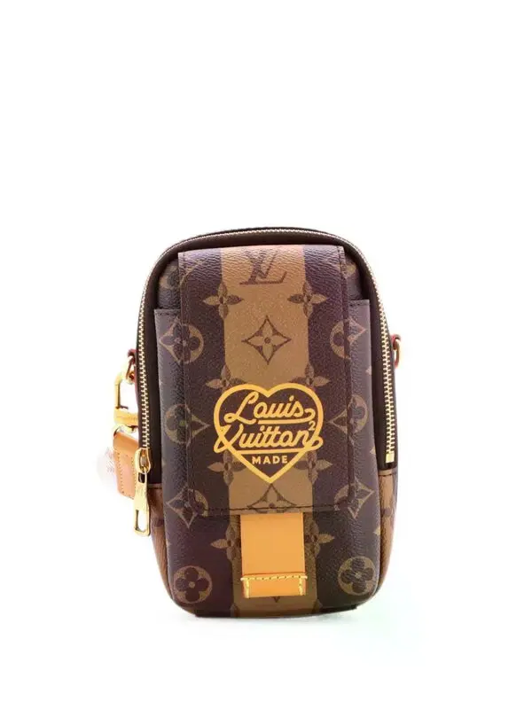 LOUIS VUITTON Nigo Flap Double Phone Pouch Limited Edition Stripes Monogram Canvas Crossbody Bag - Brown