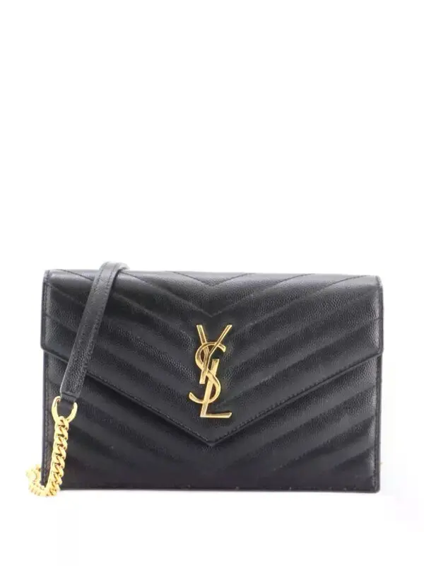 Saint Laurent Classic Monogram Wallet On Chain Matelasse Chevron Leather Small Crossbody Bag - Black