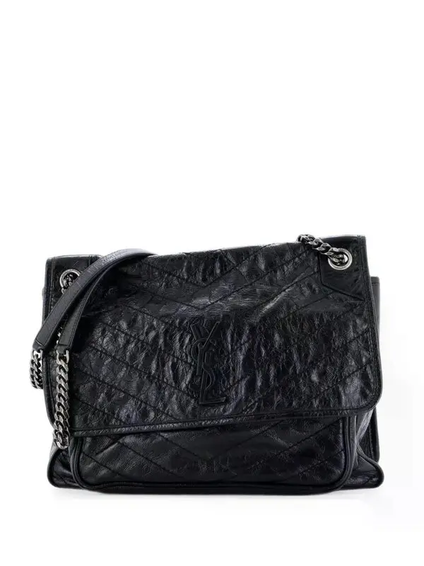 Saint Laurent Niki Chain Flap Bag Matelasse Chevron Leather Large Shoulder Bag - Black