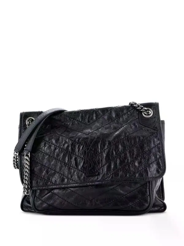 Saint Laurent Niki Chain Flap Bag Matelasse Chevron Leather Large Shoulder Bag - Black