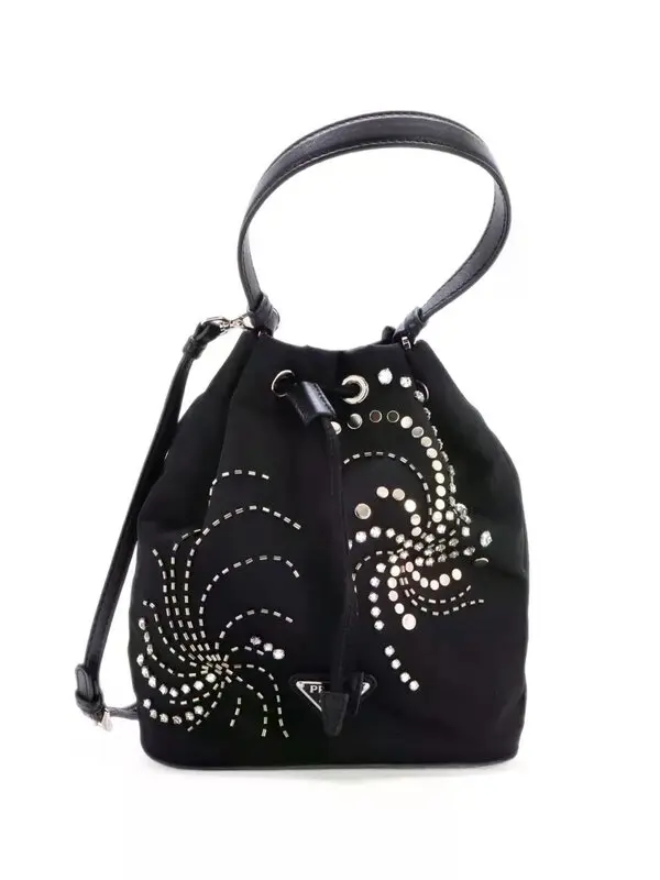Prada Top Handle Bead Embellished Re-nylon Mini Bucket Bag - Black