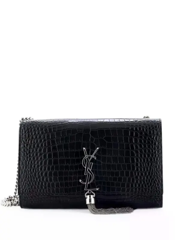 Saint Laurent Classic Monogram Tassel Crocodile Embossed Leather Medium Crossbody Bag - Black