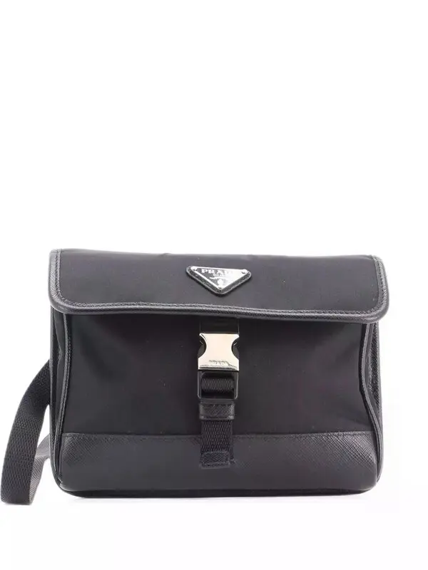 Prada Buckle Flap Re-nylon And Leather Small Crossbody Bag - Black