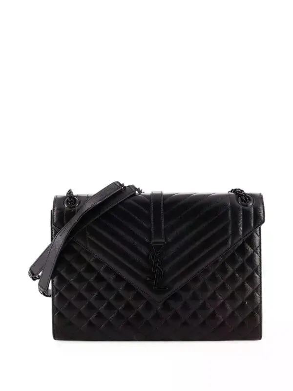 Saint Laurent Classic Monogram Envelope Satchel Mixed Matelasse Leather Large Shoulder Bag - Black