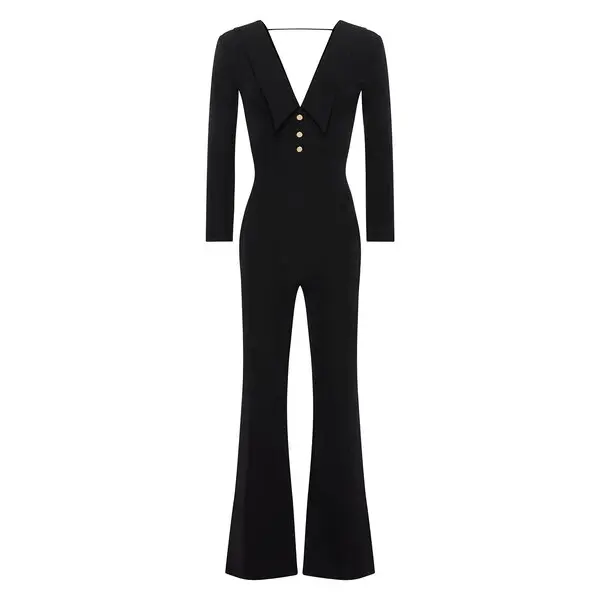 ZETAYE Harmony Jumpsuit With Deep V Neck And Button Detail - Black