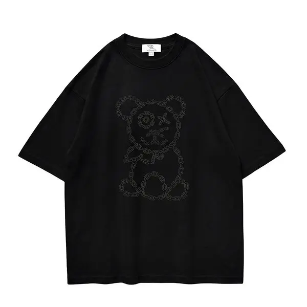 X ILONA BLUE Black / Grey Graffiti Baby Bear Black Organic Cotton Charcoal Chain Link Embroidery Tee - Black/grey