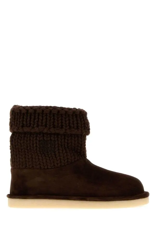 Miu Miu Knit And Suede Ankle Boots With Rubber Sole - Brown