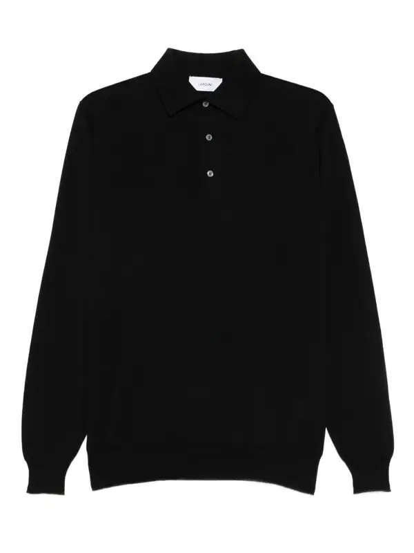 LARDINI Long-sleeve Wool Polo Shirt In 100% Pure Virgin Wool, Made In Italy - Nero