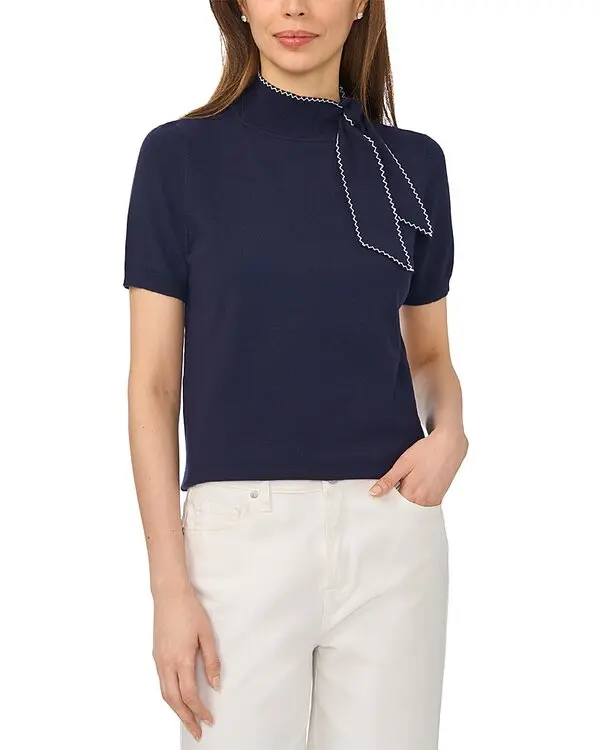 CECE DUPRAZ Tie Neck Short Sleeve Sweater - Classic Navy
