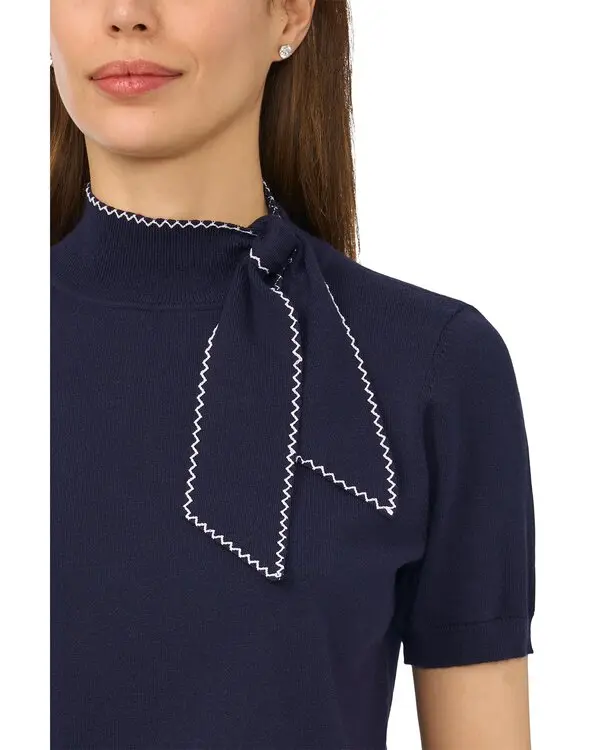 CECE DUPRAZ Tie Neck Short Sleeve Sweater - Classic Navy