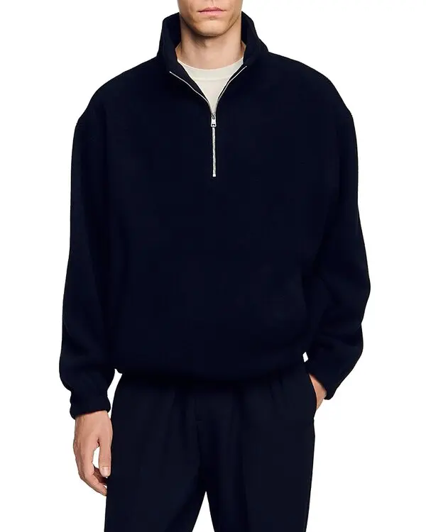 Sandro Stand Collar Half Zip Fleece Sweatshirt - Black
