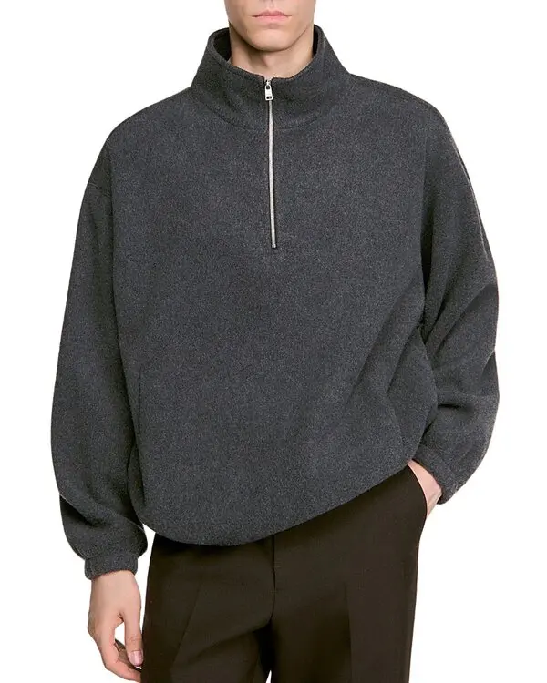 Sandro Stand Collar Half Zip Fleece Sweatshirt - Dark Grey