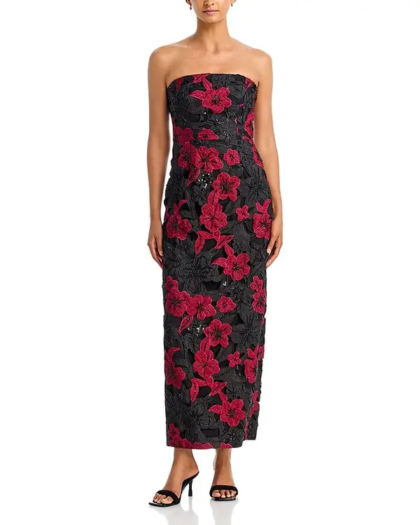 MILLY Orion Embellished Strapless Lace Gown - Black/red