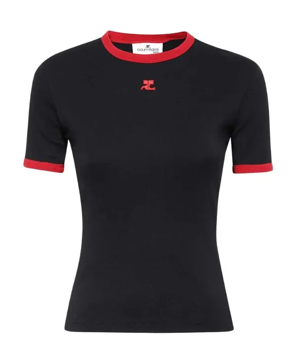 COURREGES Logo-embroidered Contrast-trim Cotton T-shirt - Black
