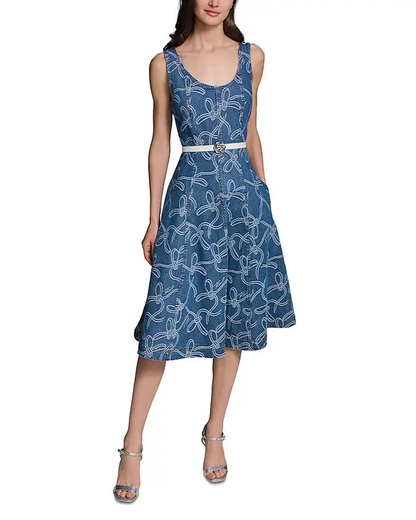 Karl Lagerfeld Paris Printed Denim Midi Dress With Belt