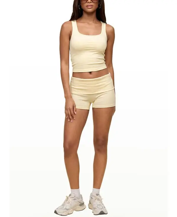EDIKTED Audrea Ribbed Foldover Biker Shorts - Yellow