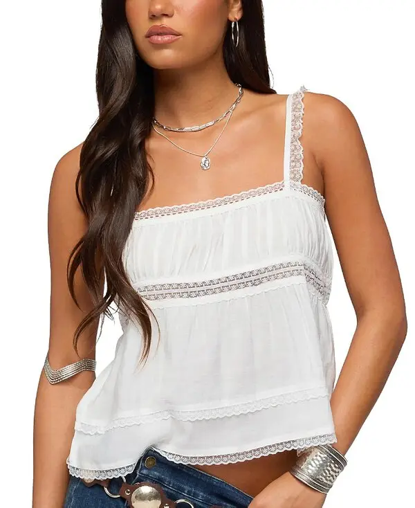 EDIKTED Mable Lacey Straight Neck Tank Top - White