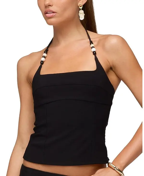 EDIKTED Yua Bead Stretchy Woven Halter Top - Black