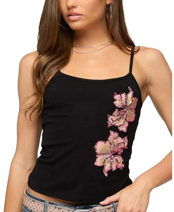EDIKTED Sylvanna Sequin Flower Tank Top - Black