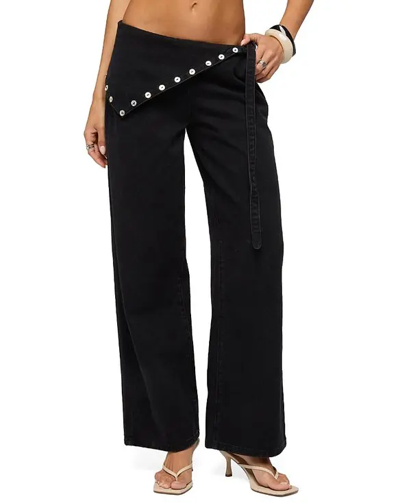 EDIKTED Button Foldover Low Rise Baggy Jeans - Denim-black