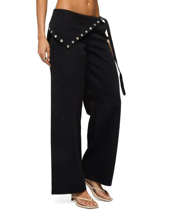 EDIKTED Button Foldover Low Rise Baggy Jeans - Denim-black