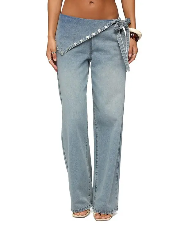 EDIKTED Button Foldover Low Rise Baggy Jeans - Light-blue