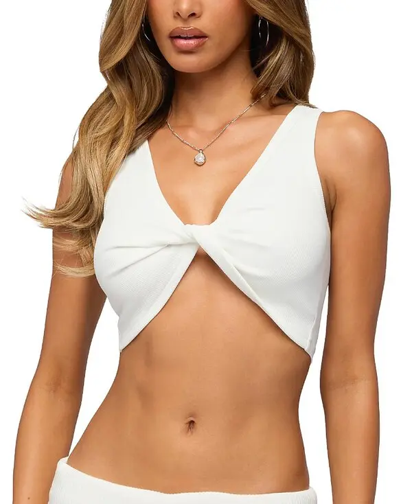 EDIKTED Lumi Twist Front Ribbed Crop Top - White